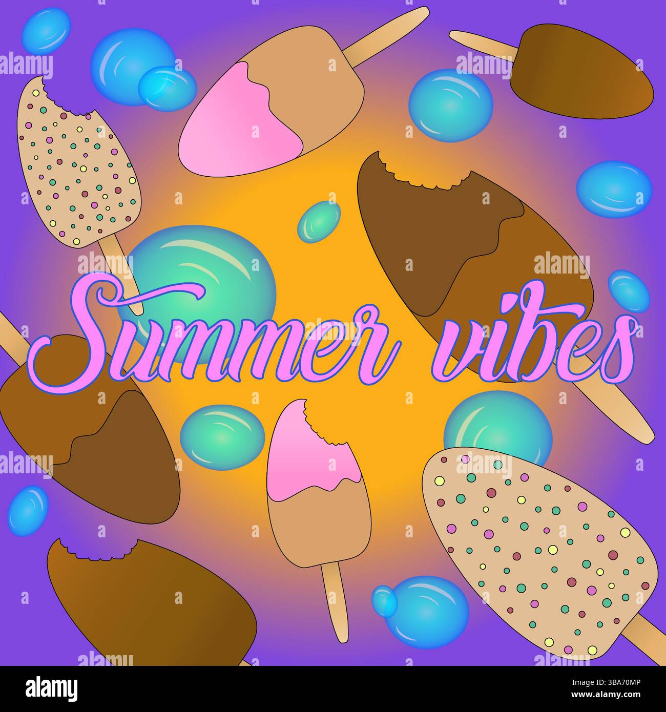 Greeting card illustration with a scene of a an ice cream on a stick ...