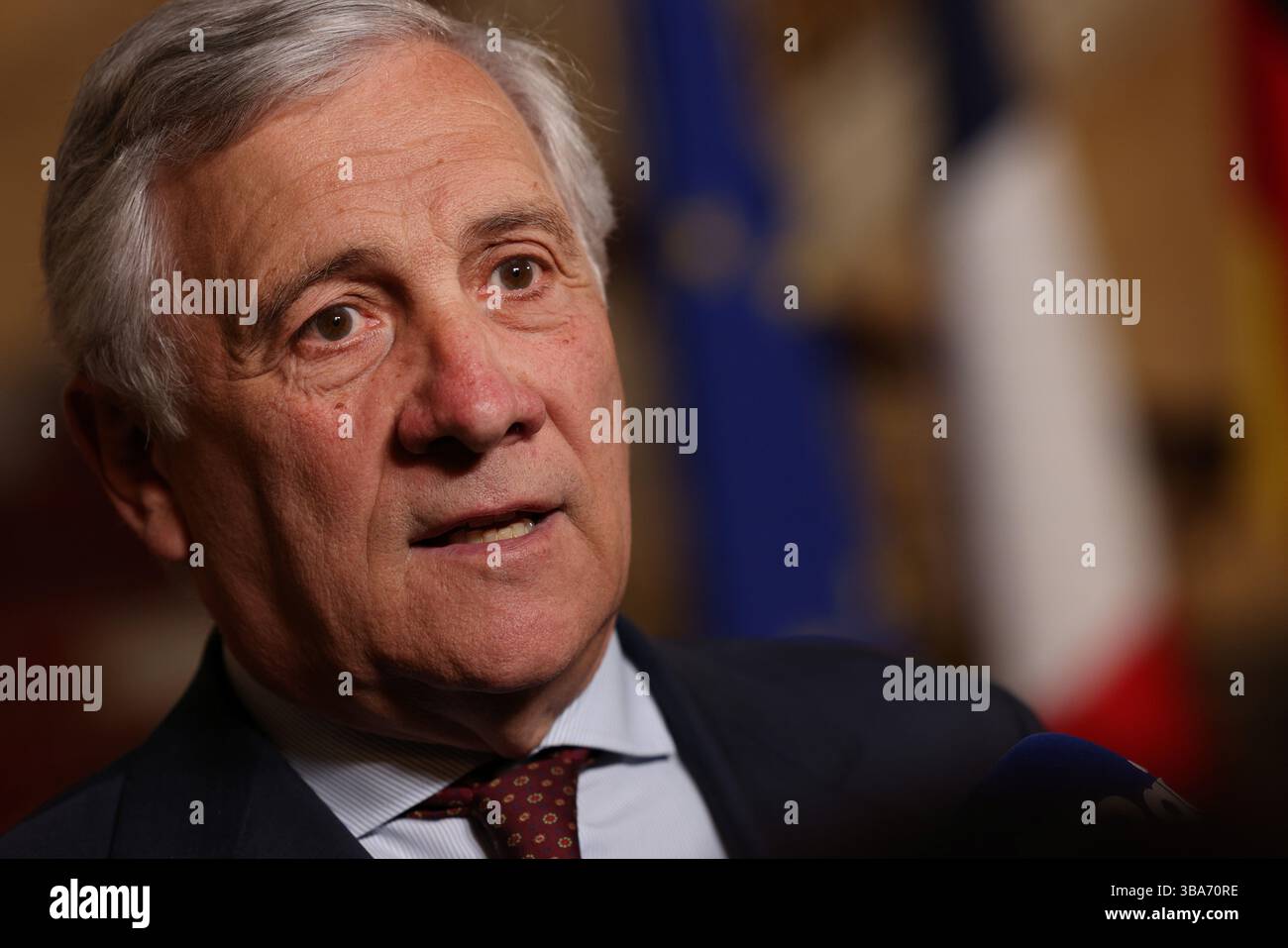 Italian Minister of Foreign Affairs Antonio Tajani talking to the media ...