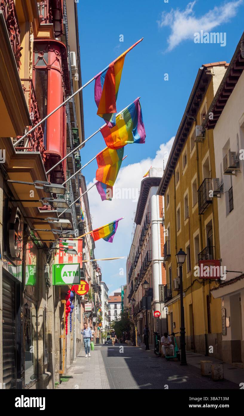 A street in the Chueca neighborhood adorned with Pride flags for the ...