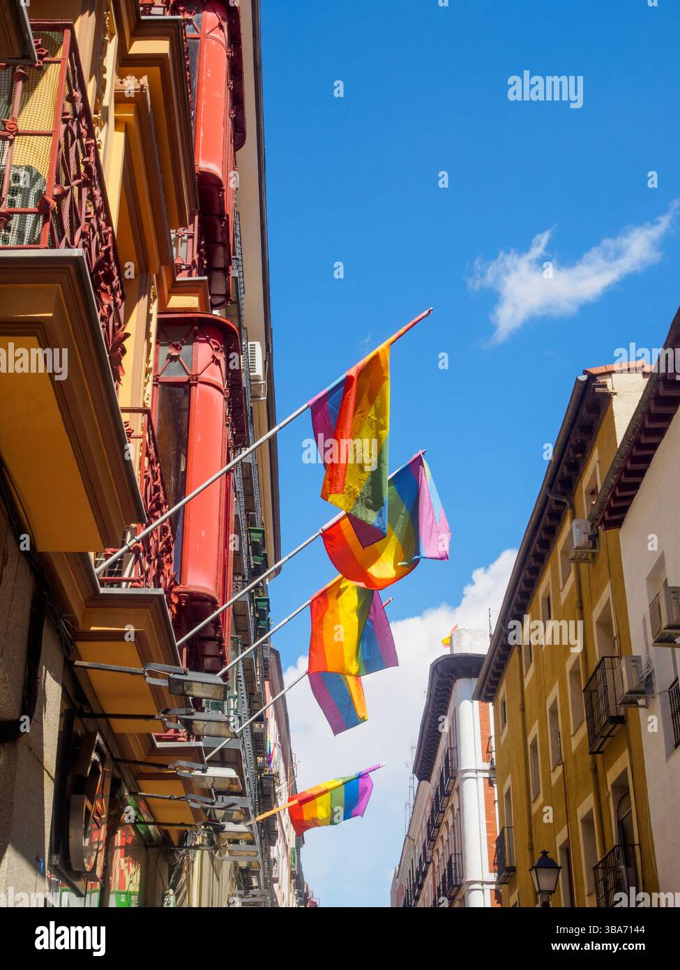 A street in the Chueca neighborhood adorned with Pride flags for the ...