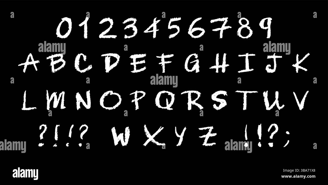 English alphabet and numbers 0-9, hand-drawn in a white wax crayon or ...