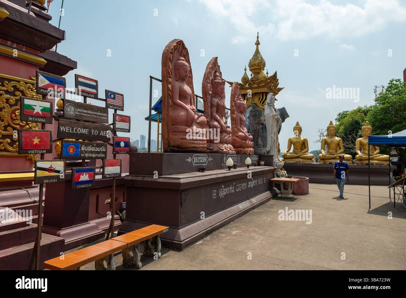 The wooden board display the flags of the AEC refers to the ASEAN ...