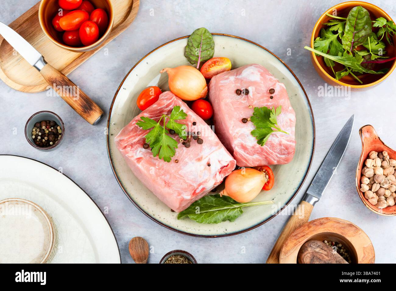 Raw pork loin chops for grill, barbecue or cooking with spices and ...