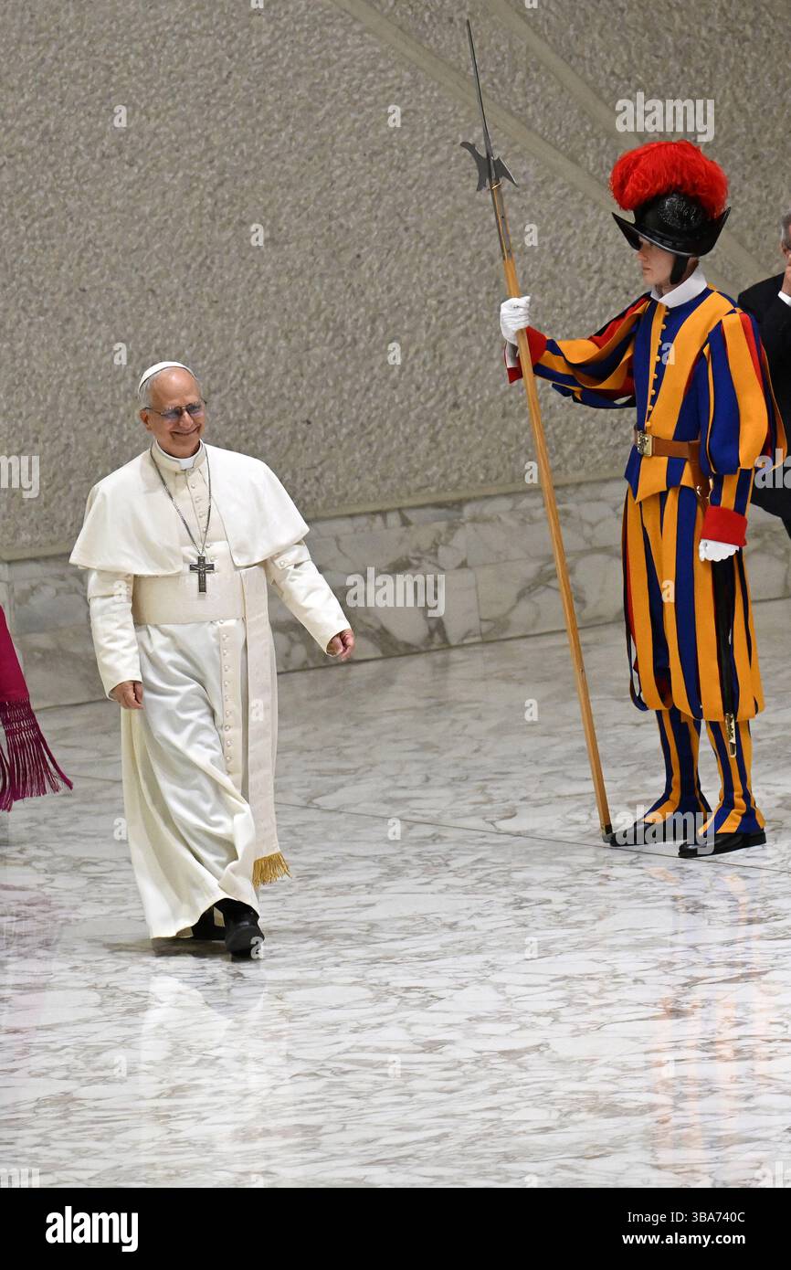 Pope Leo XIV meets with media professionals on May 12, 2025 at the ...