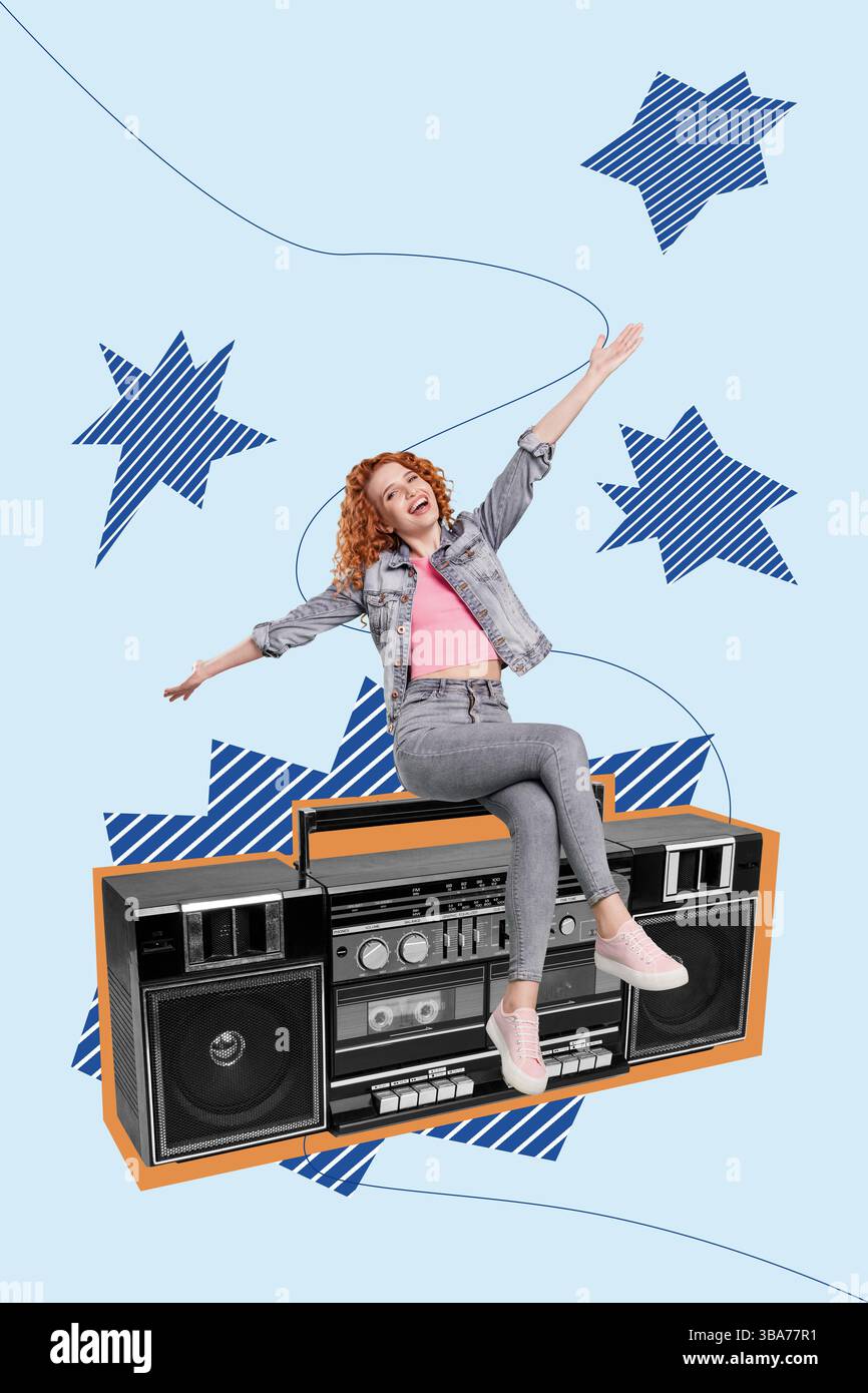 Poster graphics collage of person stand on big tape recorder on blue ...