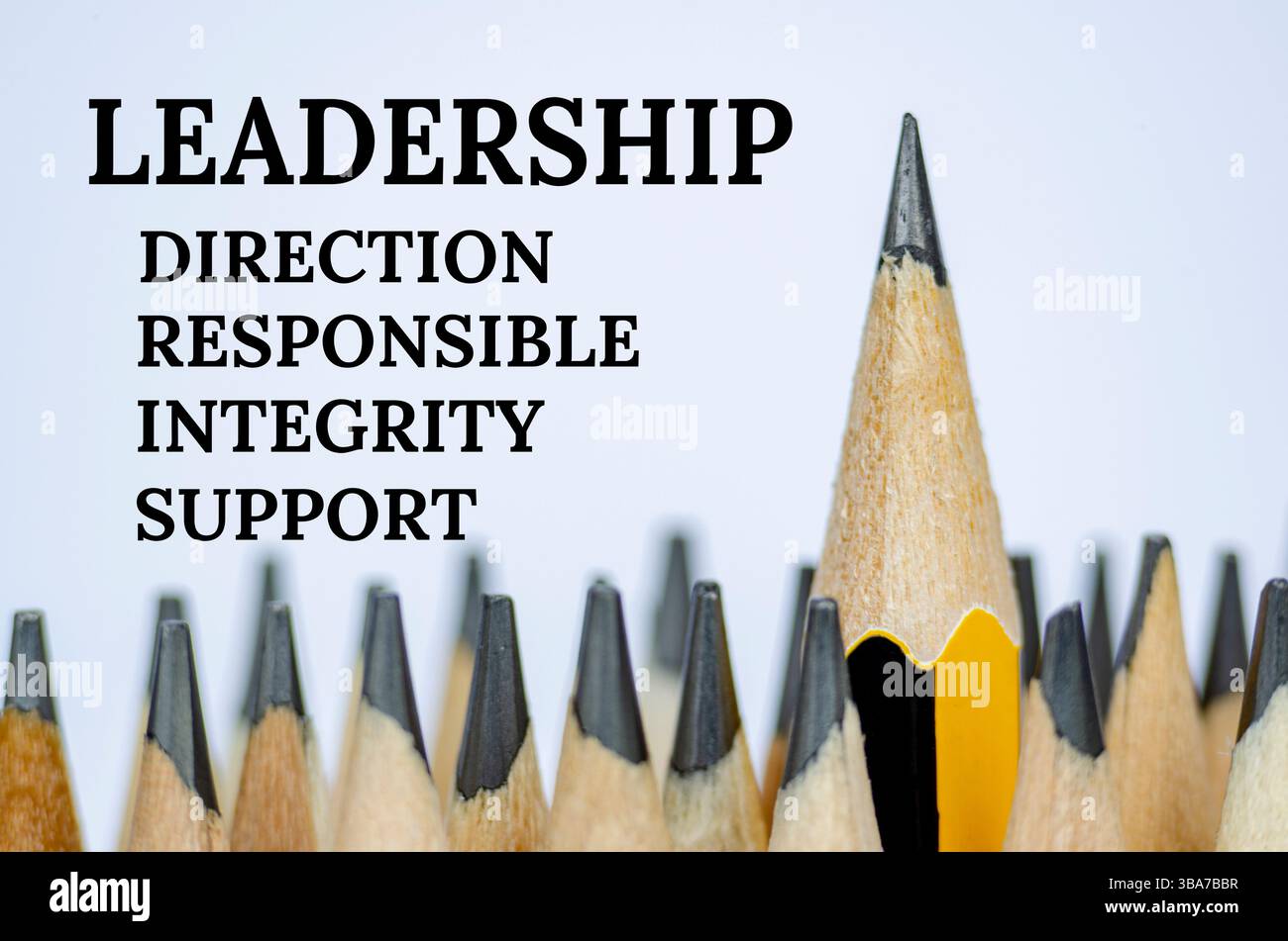 A pencil standing out from the rest with text LEADERSHIP, DIRECTION ...
