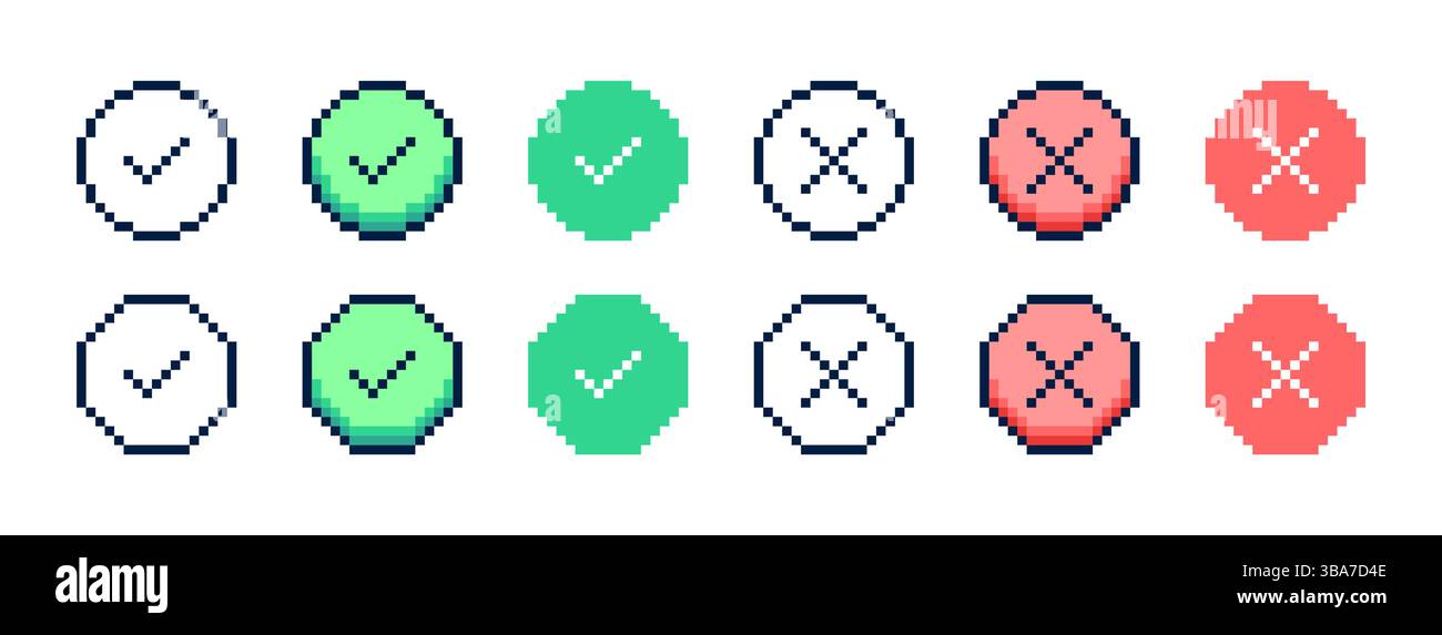 Pixelated checkmarks and crosses in round and octagon shapes. Pixel art ...
