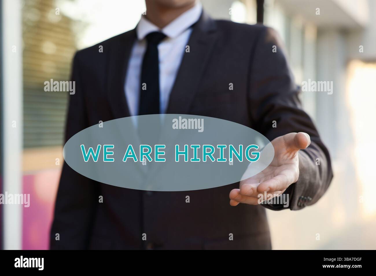 We Are Hiring. Man offering helping hand outdoors, closeup. Recruitment ...