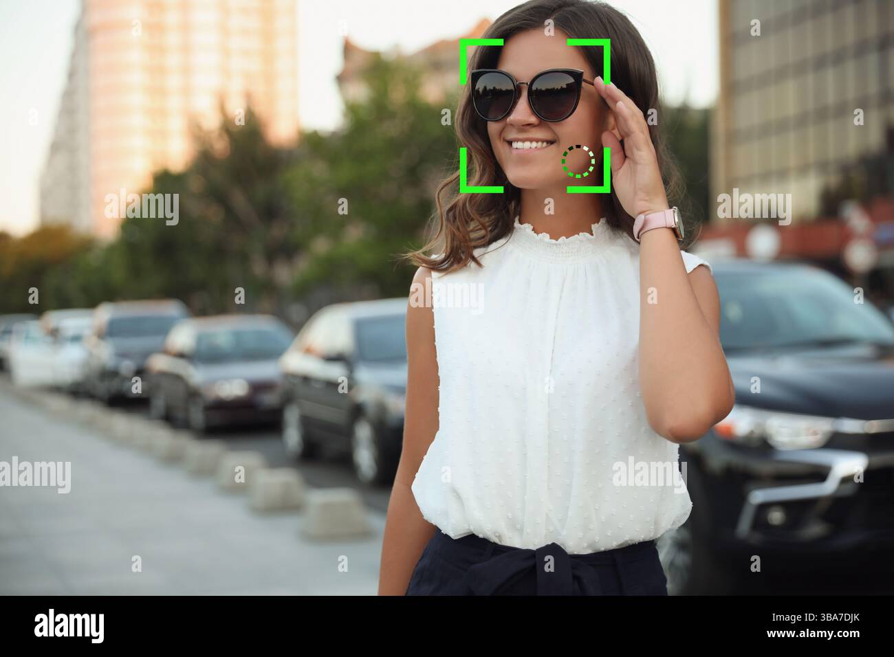 Facial recognition system identifying smiling woman on city street ...
