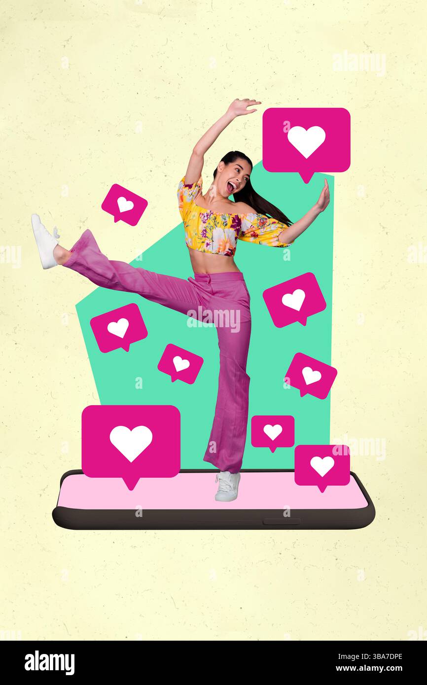 Collage of happy influencer like icon with heart symbolizing internet ...