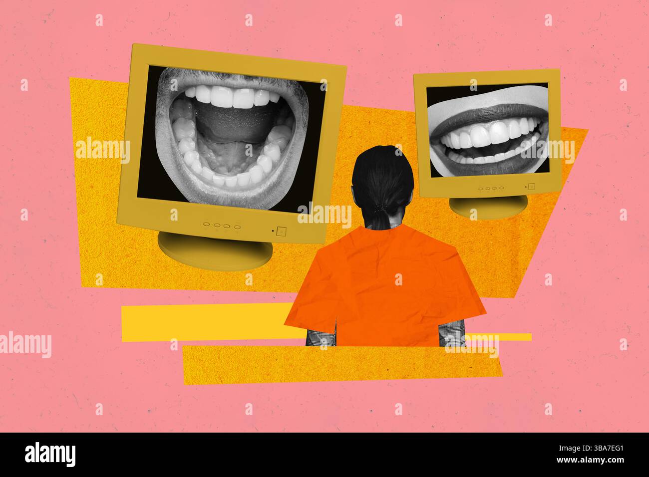 Pop art full zine photo collage of anonym girl guy stand back look pc ...