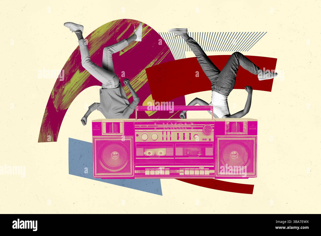 Full zine trendy photo collage of anonym girl guy dance upside down headless retro boombox ...
