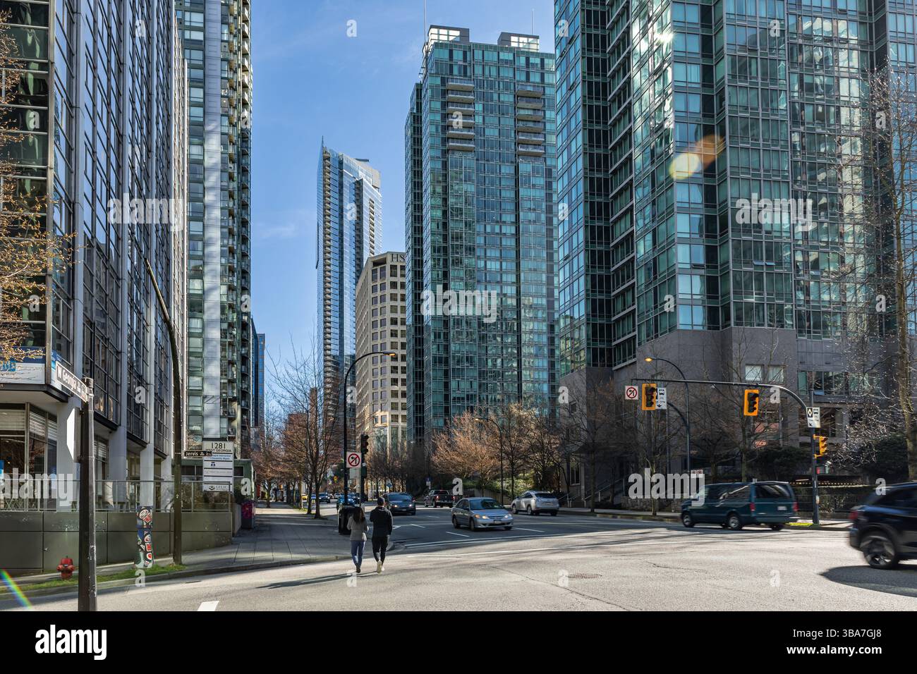 Busy Urban streets with High rise residential buildings. City view with ...