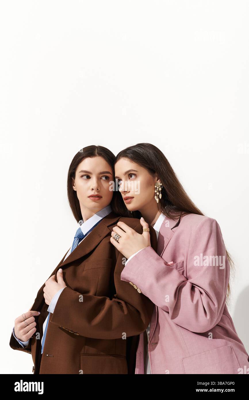 Twin sisters dressed in chic blazers exude elegance while sharing a ...