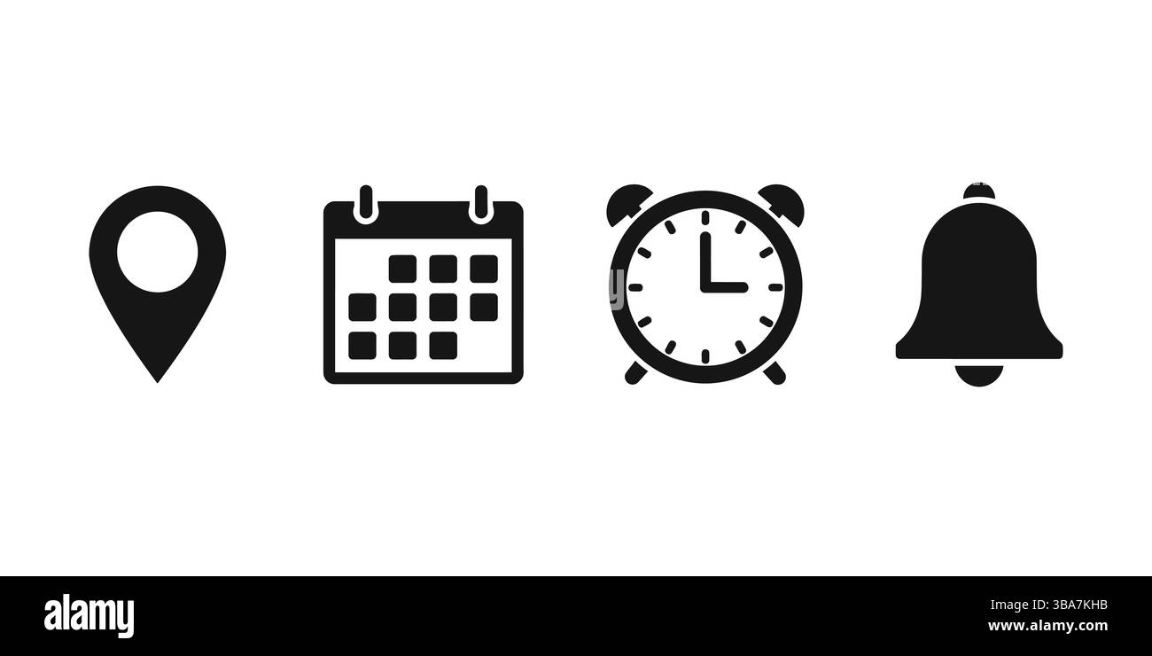 Set of four vector icons: location, calendar, clock, and notification bell icon Stock Vector ...