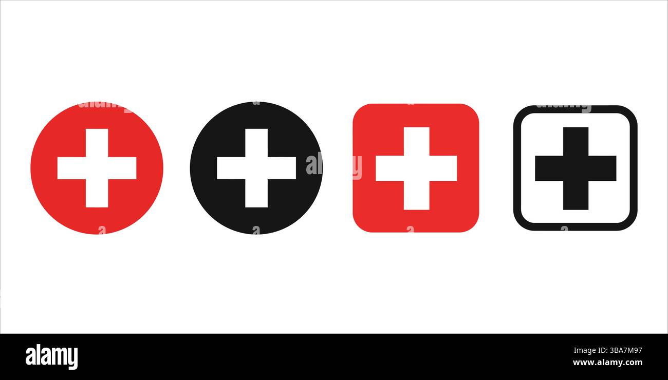 Medical plus sign icon set, cross symbol in circle and square shape ...