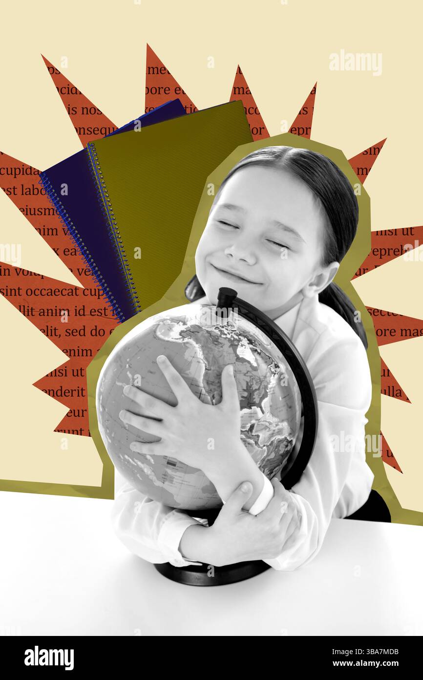 3d zine photo image pop collage of happy schoolgirl hold globe ...