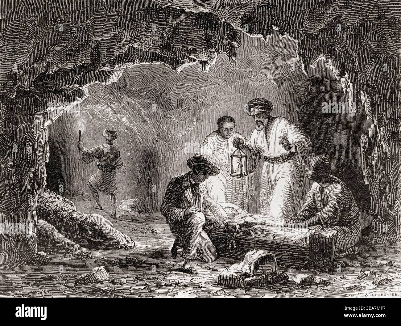 Archeologists discovering relics in the Samoun Caves aka Crocodile Pit ...