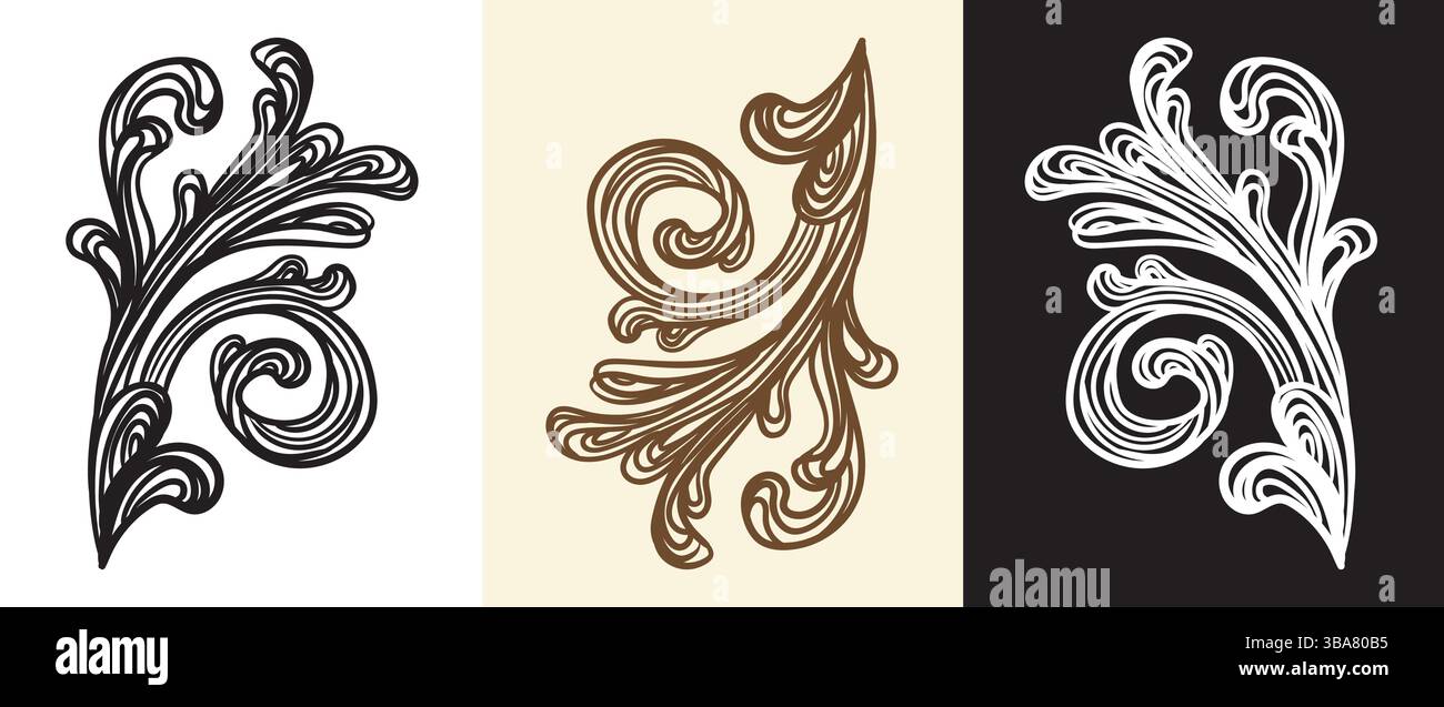 Collection of decorative abstract scroll design elements. Hand drawing ...
