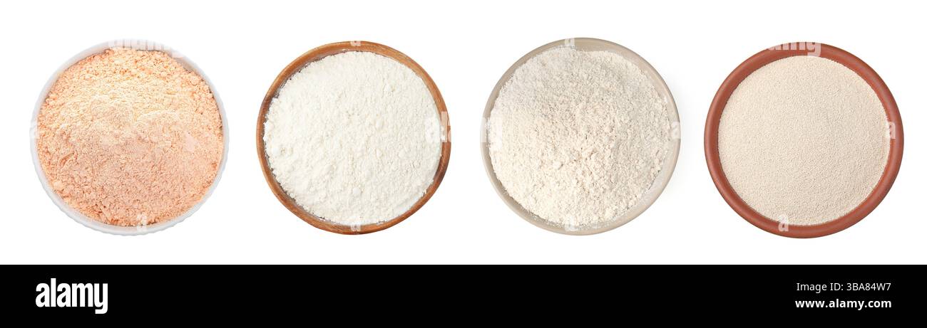 Different types of flour in bowls isolated on white, set. Top view ...
