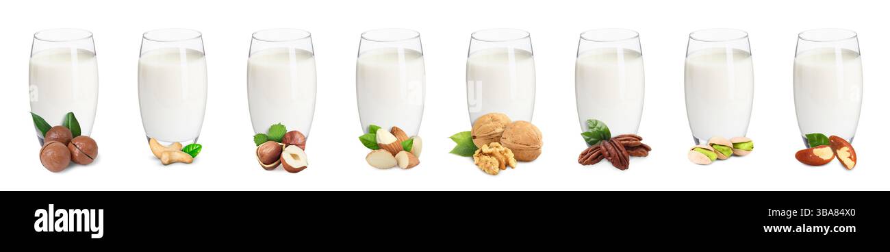Different types of nut milk in glasses isolated on white, set Stock ...