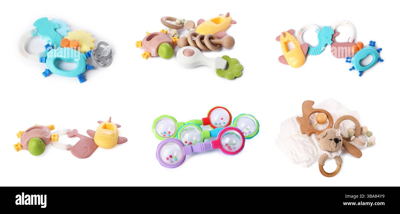 Different baby rattles and diapers isolated on white, set Stock Photo ...