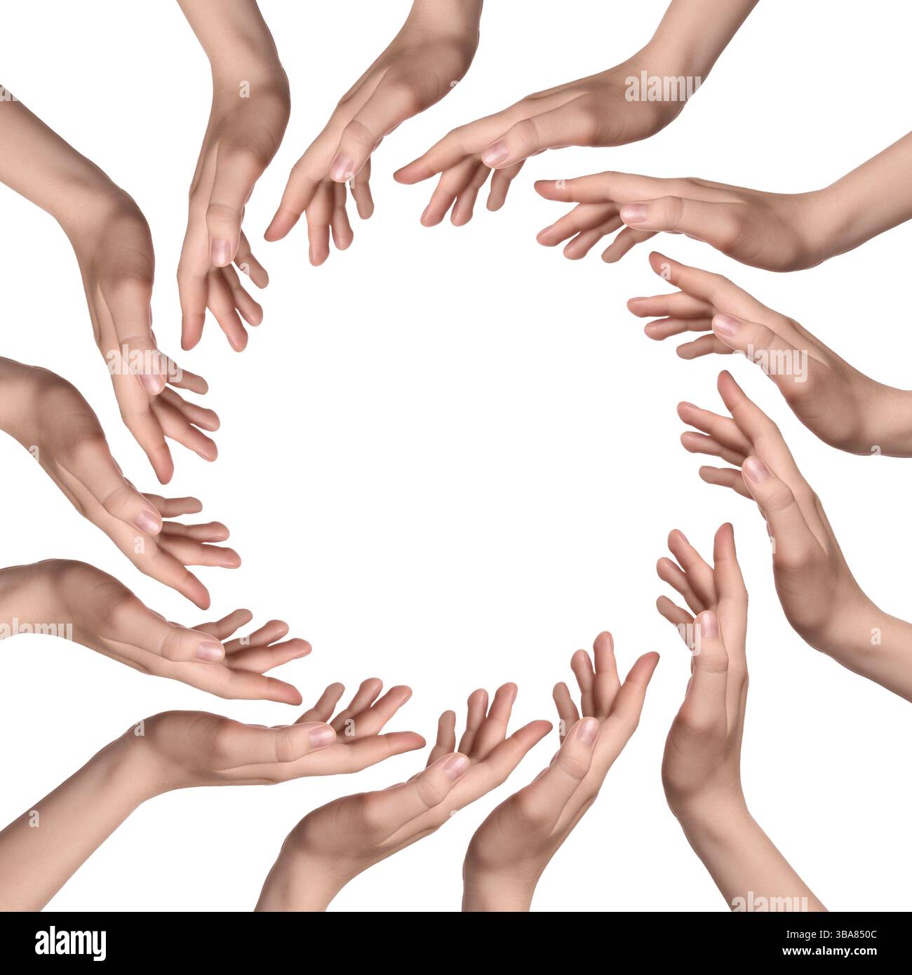Making circle of human hands on white background. Unity, partnership ...