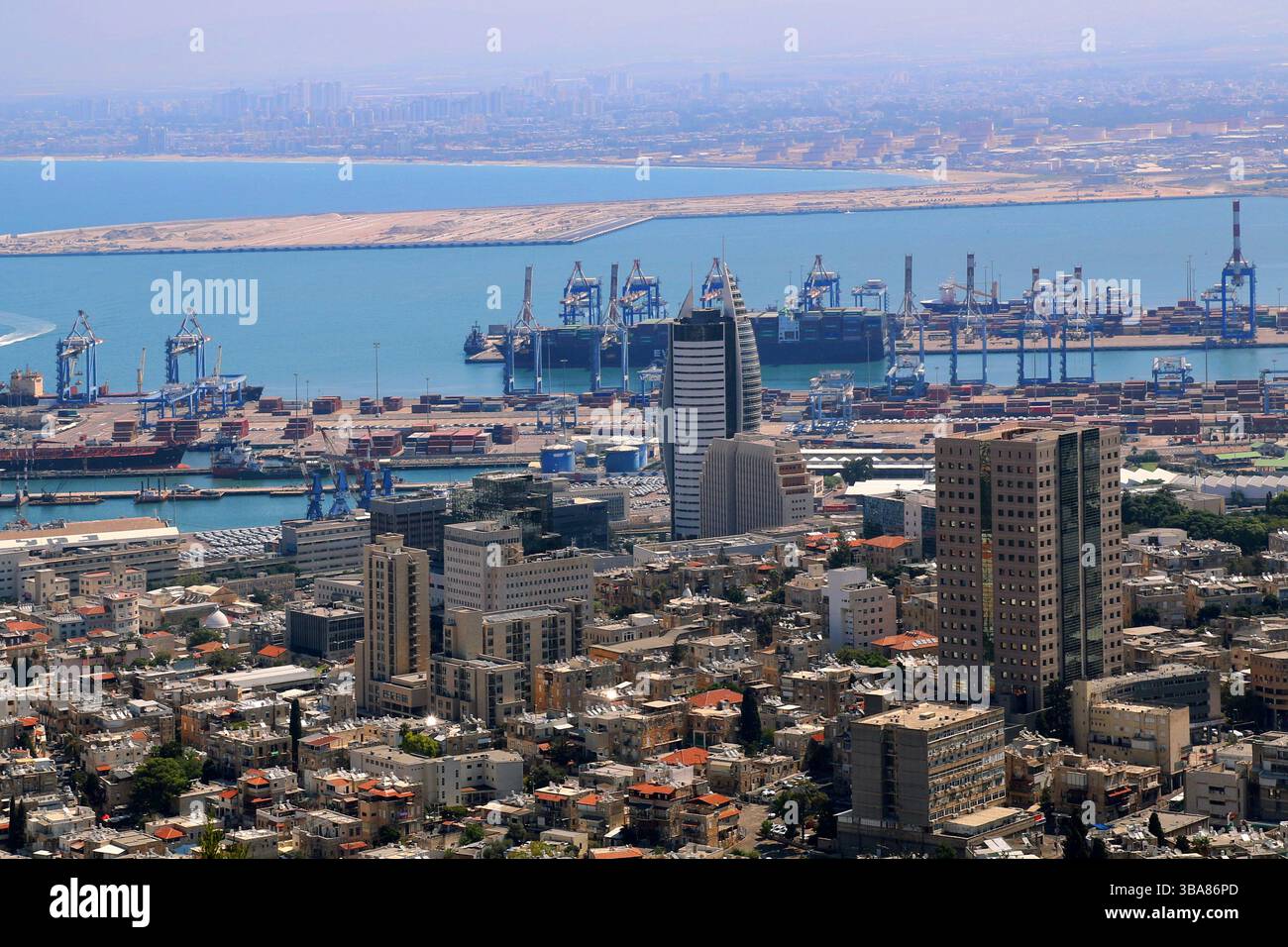 Aerial view of Haifa, Israel, featuring the modern skyline, Haifa Port ...