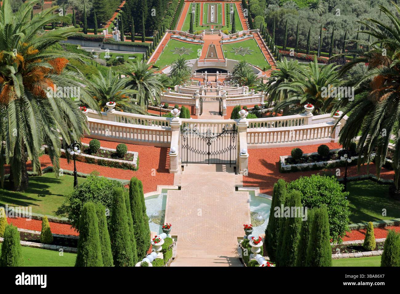 Close view of Bahá’í Gardens terraces in Haifa, Israel, with ...
