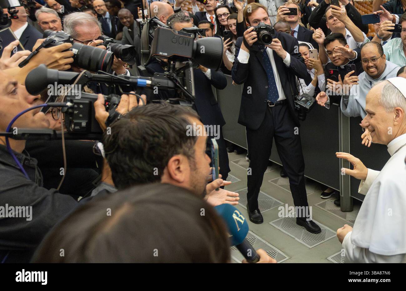 New pope Leo XIV in the Vatican in Rome, Italy New elected Pope Leo XIV with the attendees, at ...