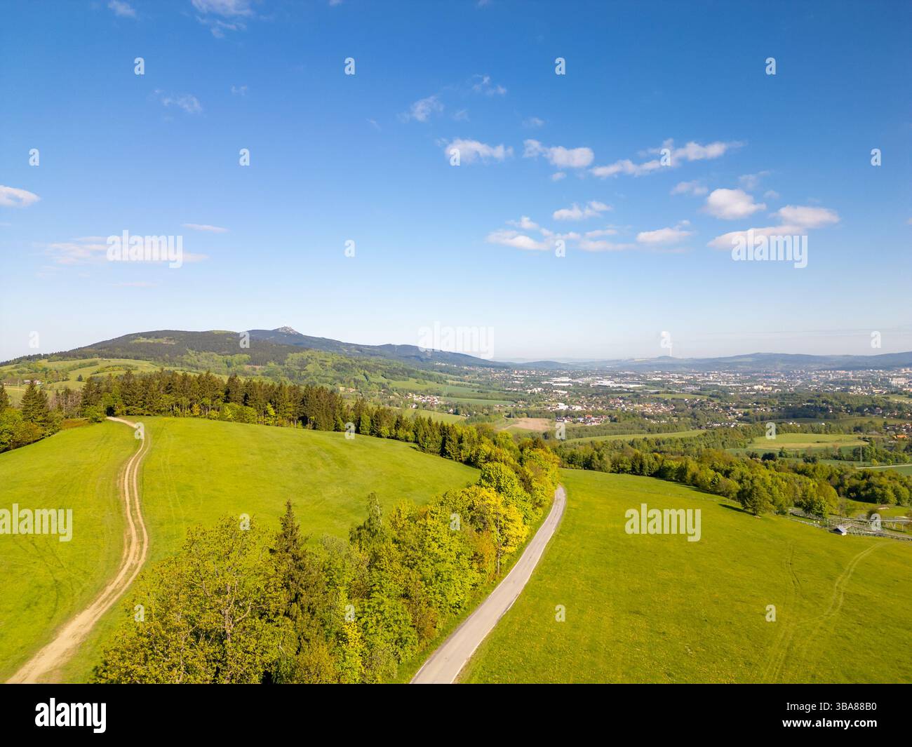 Aerial view of blooming summer landscape near Jizera Mountains with ...
