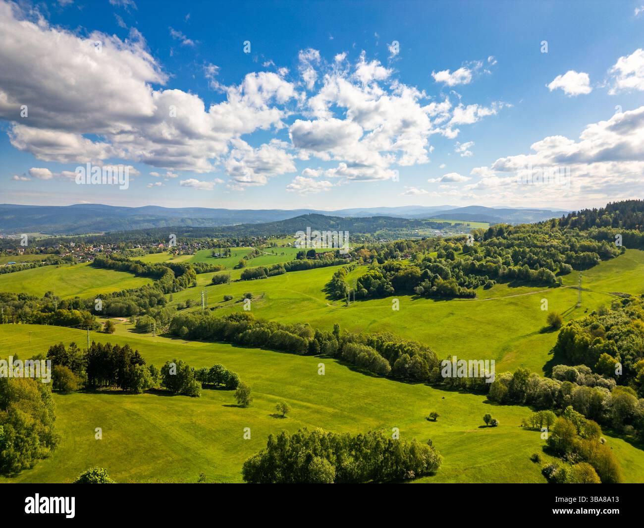 Aerial view of blooming summer landscape near Jizera Mountains with ...