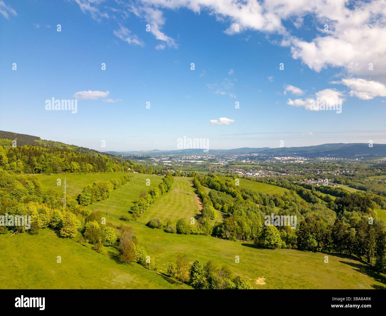 Aerial view of blooming summer landscape near Jizera Mountains with ...