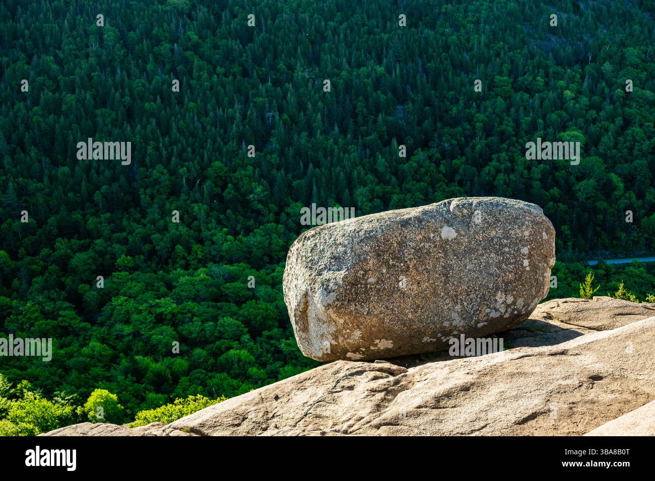 Balanced Rock Rests on Granite Cliff in Acadia with Valley Below It ...