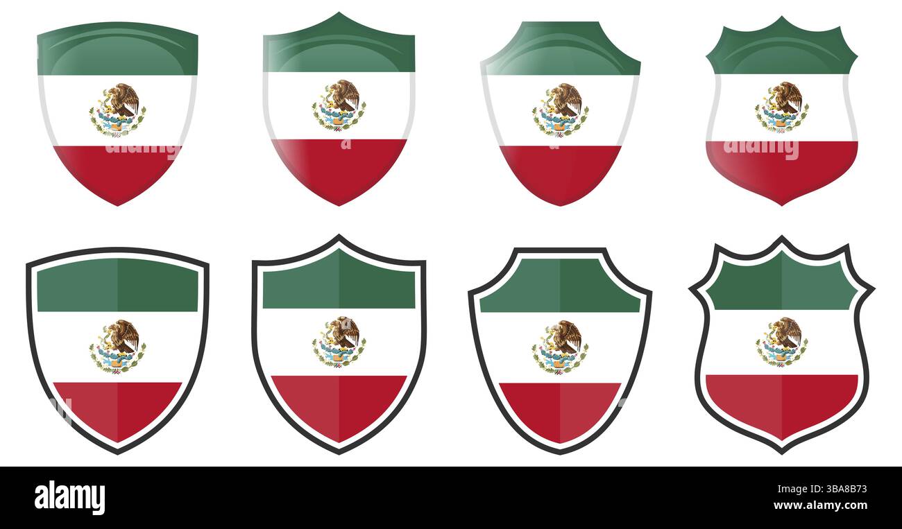 Vertical Mexican flag in shield shape, four 3d and simple versions ...