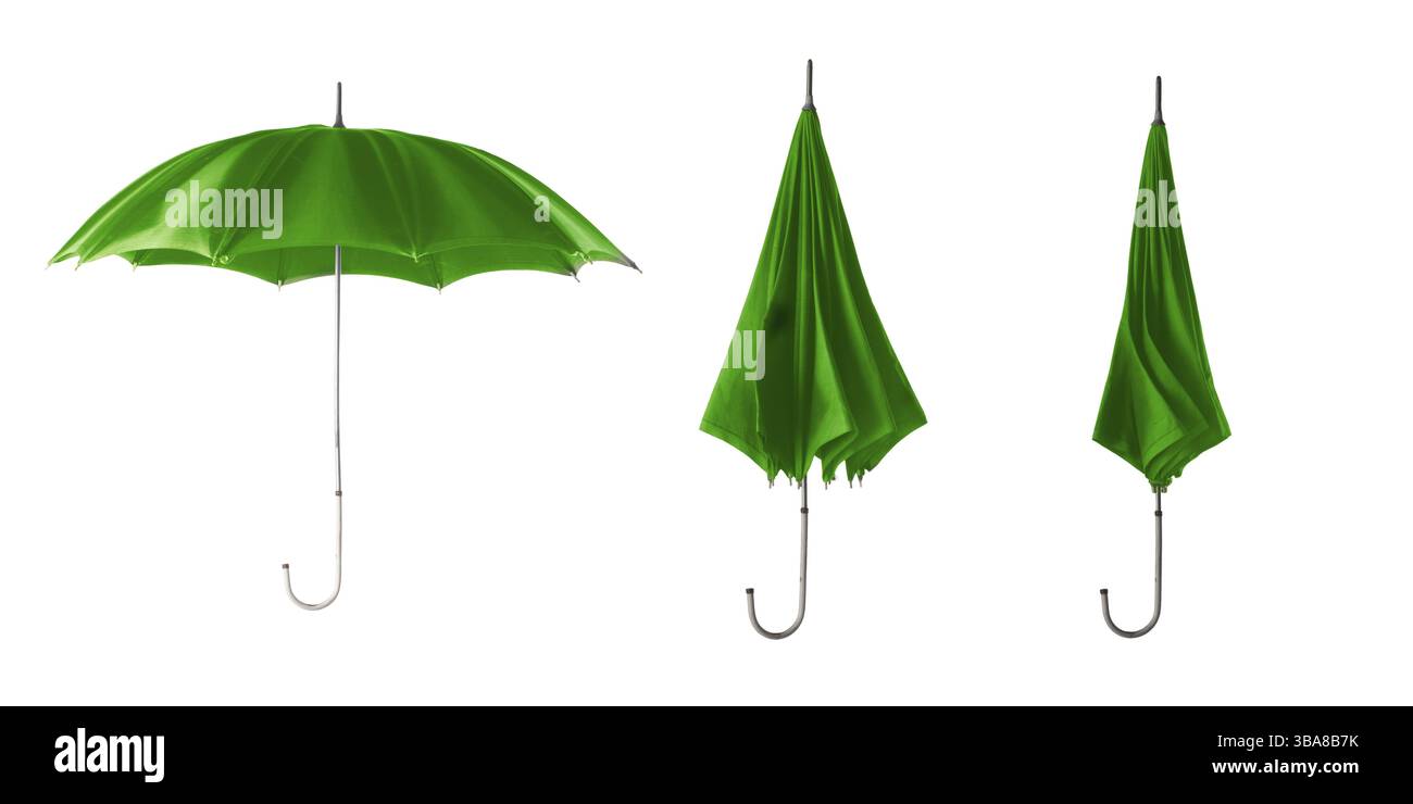 Set of green retro umbrellas against a white background. Step to open ...