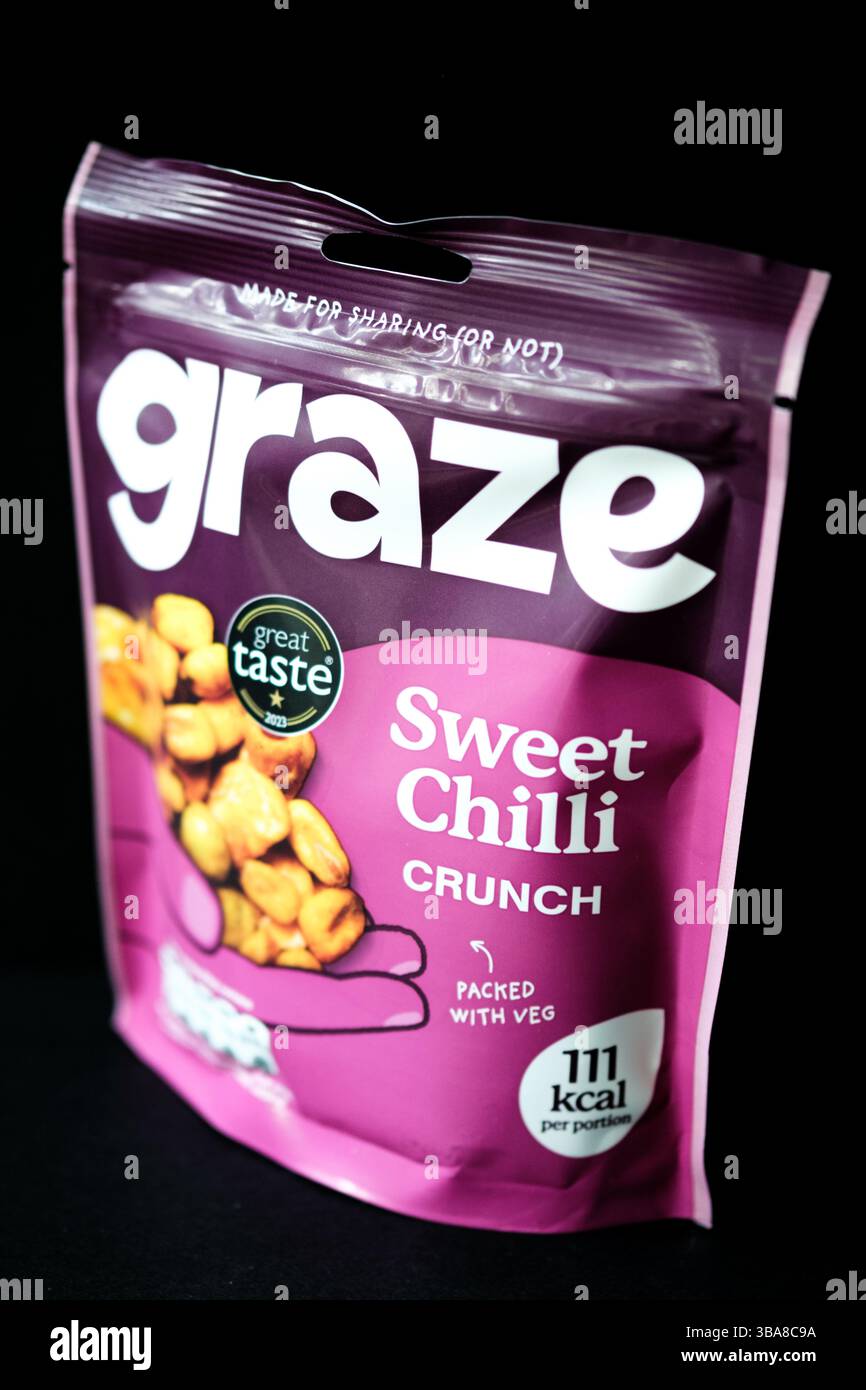 London UK, May 12 2025, Packet Of Graze Sweet Chilli Crunchy Savoury ...