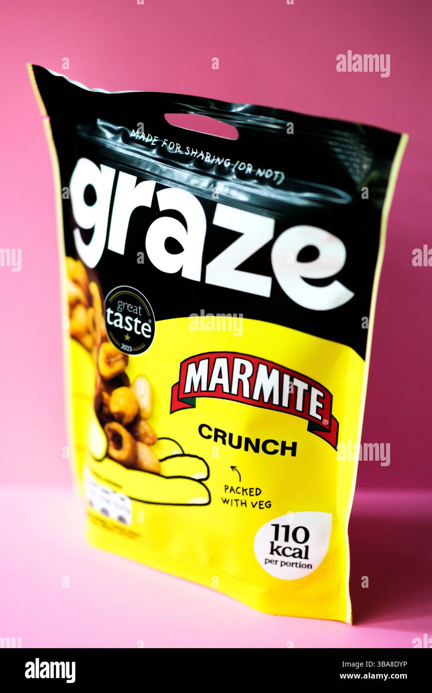 London UK, May 12 2025, Packet Of Graze Marmite Crunchy Savoury Snack ...