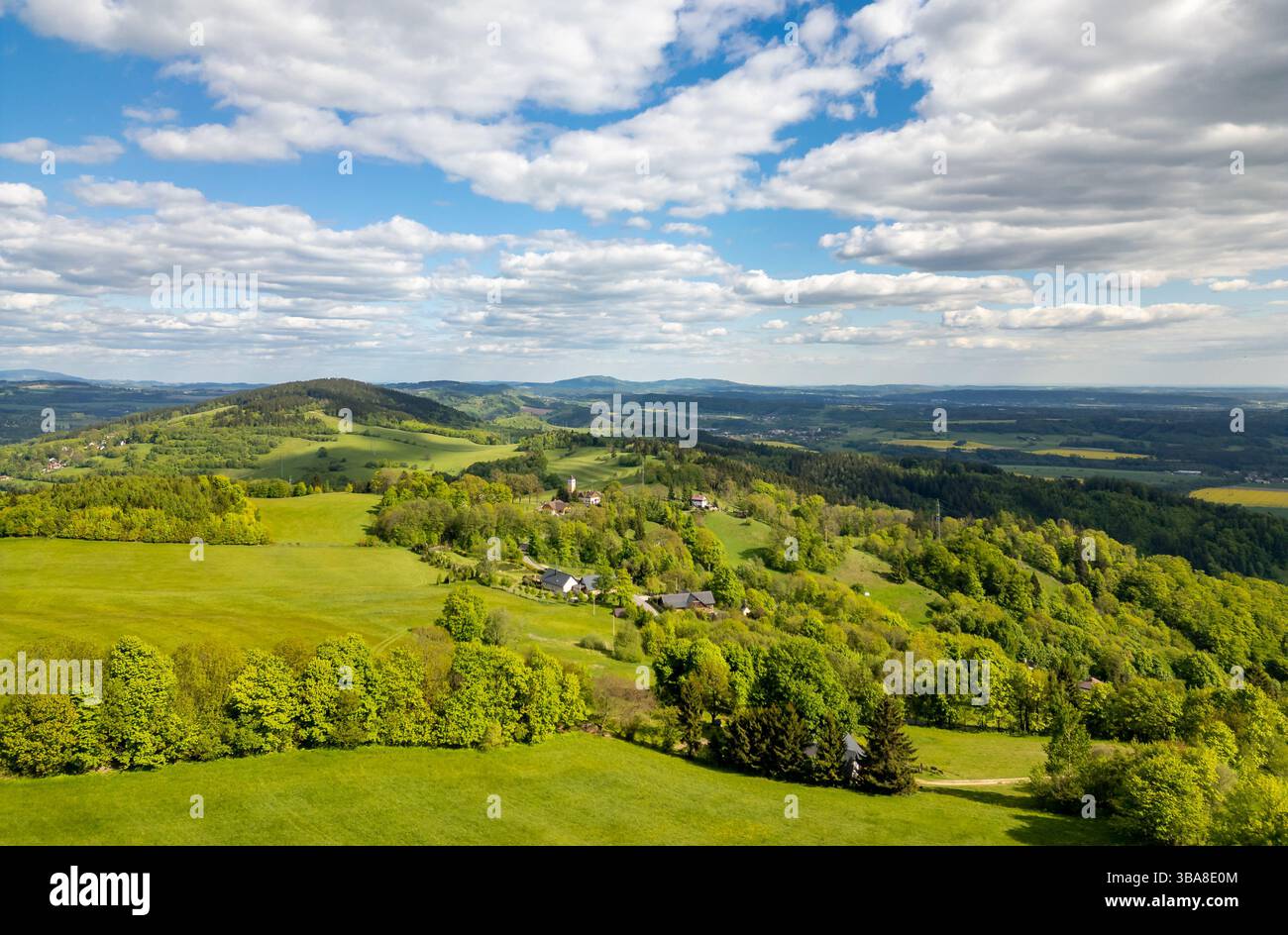 Aerial view of blooming summer landscape near Jizera Mountains with ...