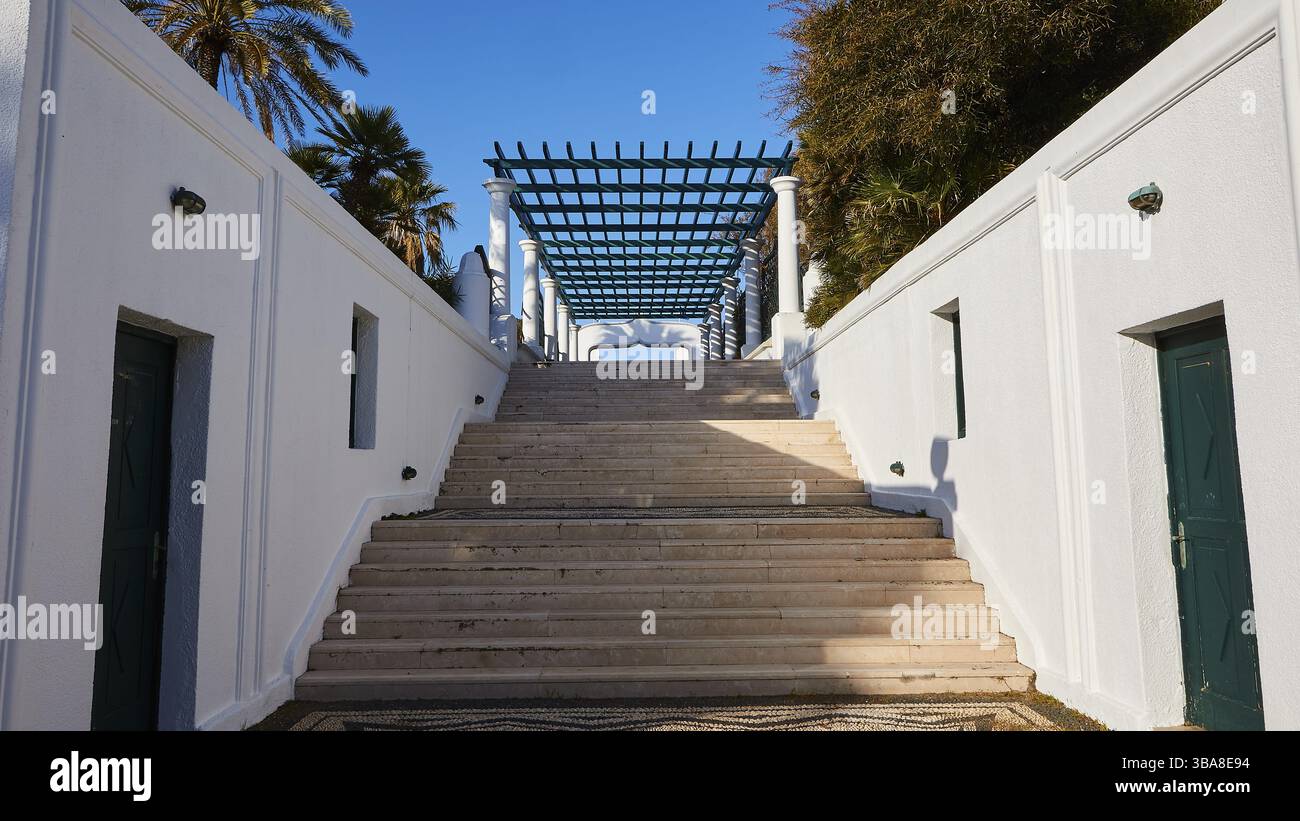 A staircase, lined with white walls and columns, offers a clear view of ...
