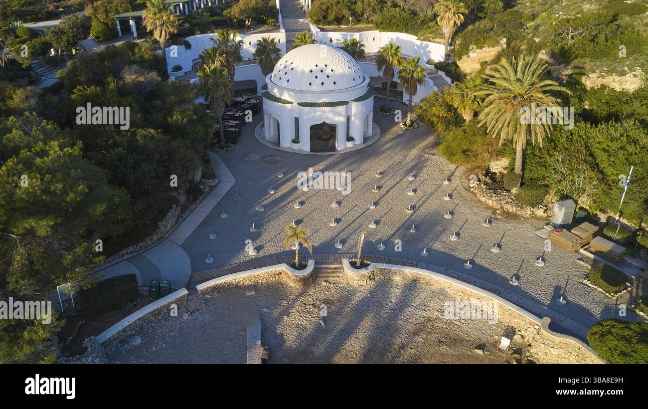 Drone shot, morning light, White building with dome and arched windows ...