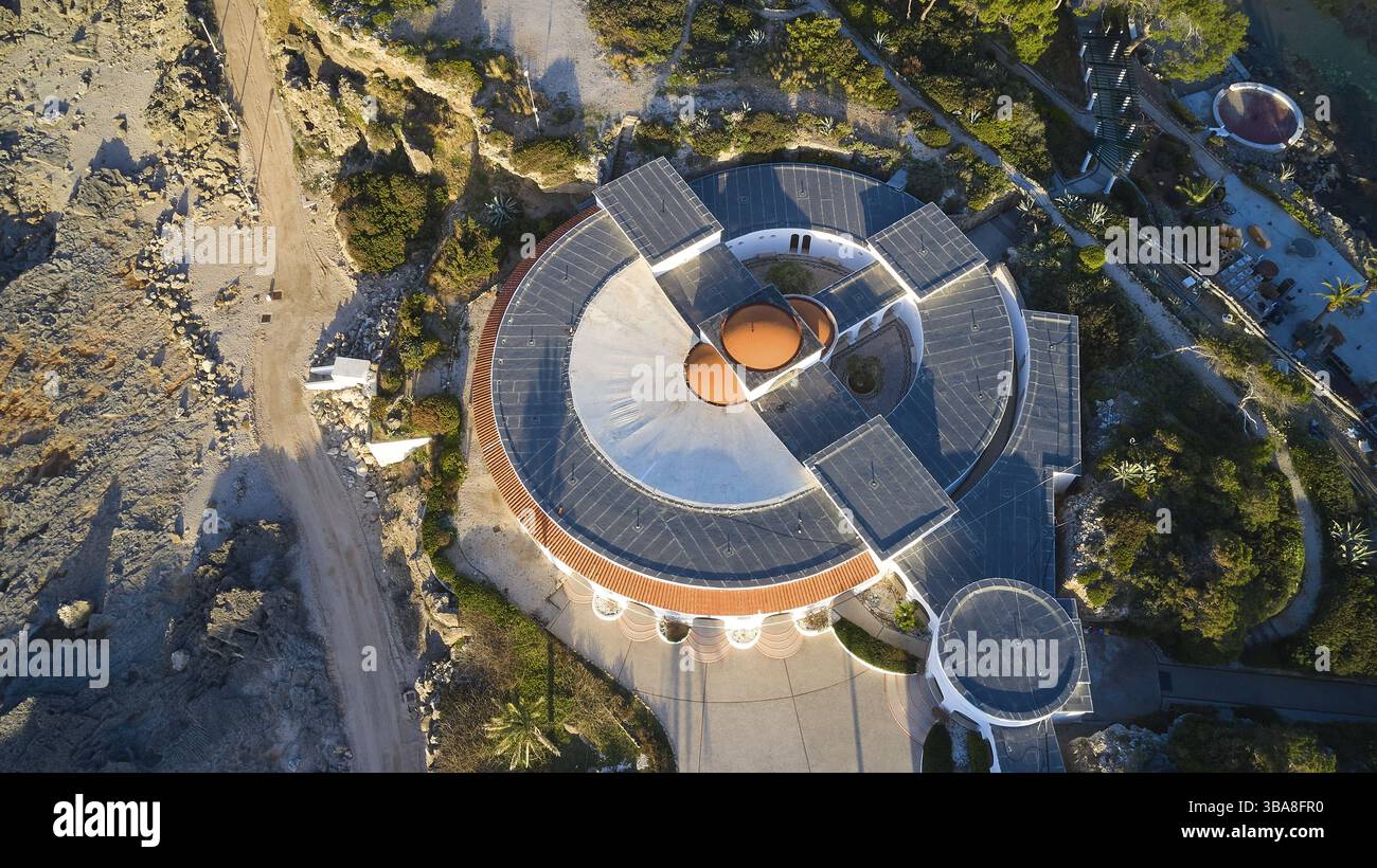 Drone shot, morning light, building from above with modern ...