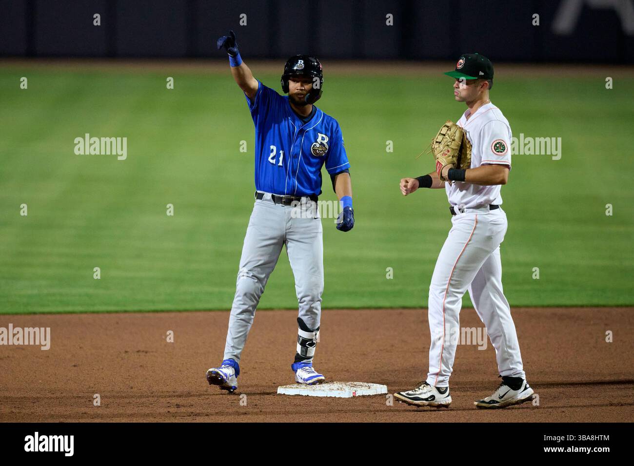 Biloxi Shuckers Bladimir Restituyo (21) celebrates hitting a double as ...