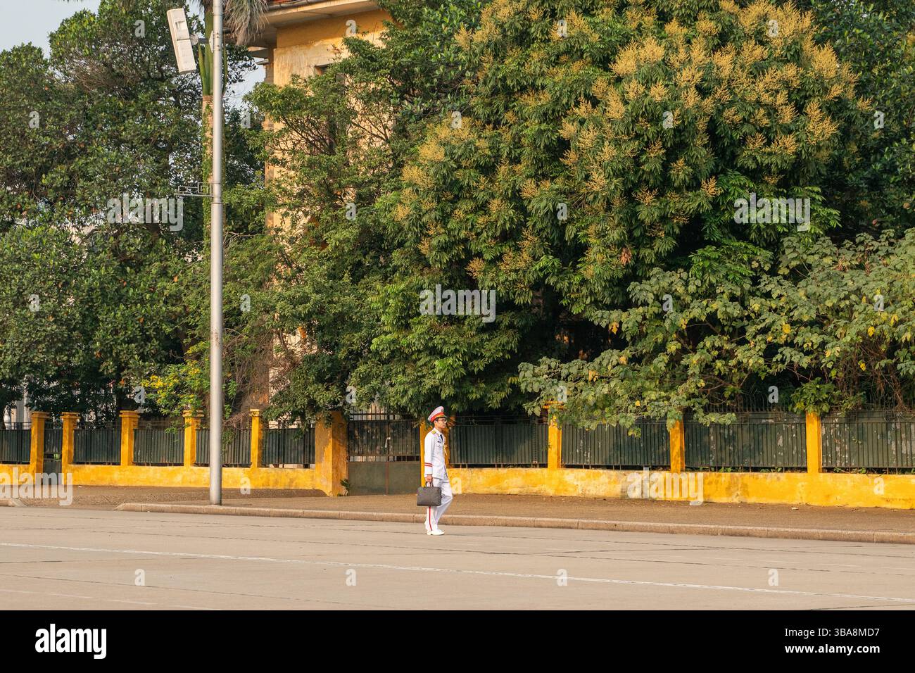 Hanoi, Vietnam, March 22, 2025: A soldier walks next to the Ho Chi Minh ...