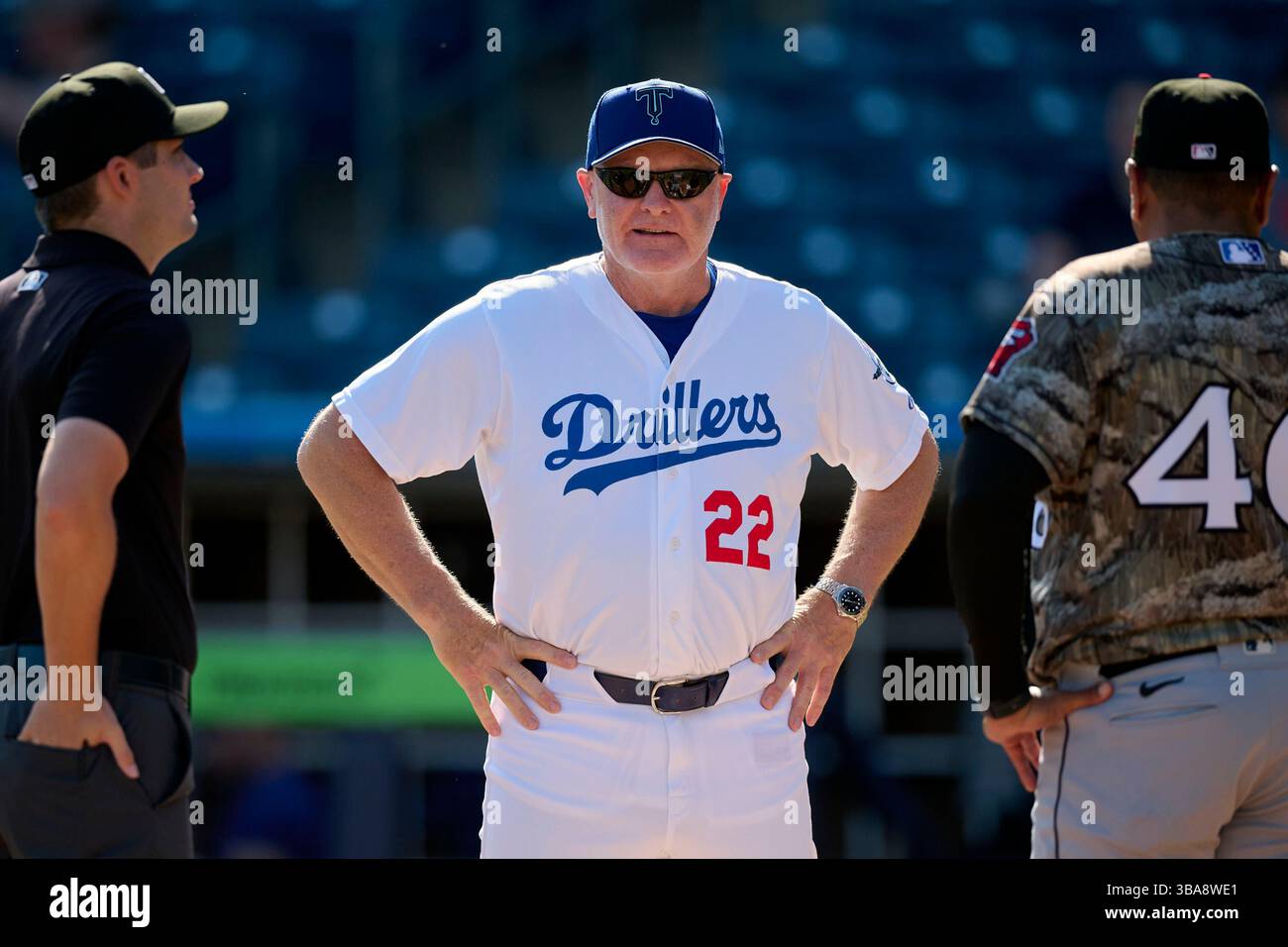 Tulsa Drillers manager Eric Wedge (22) during the lineup exchange ...
