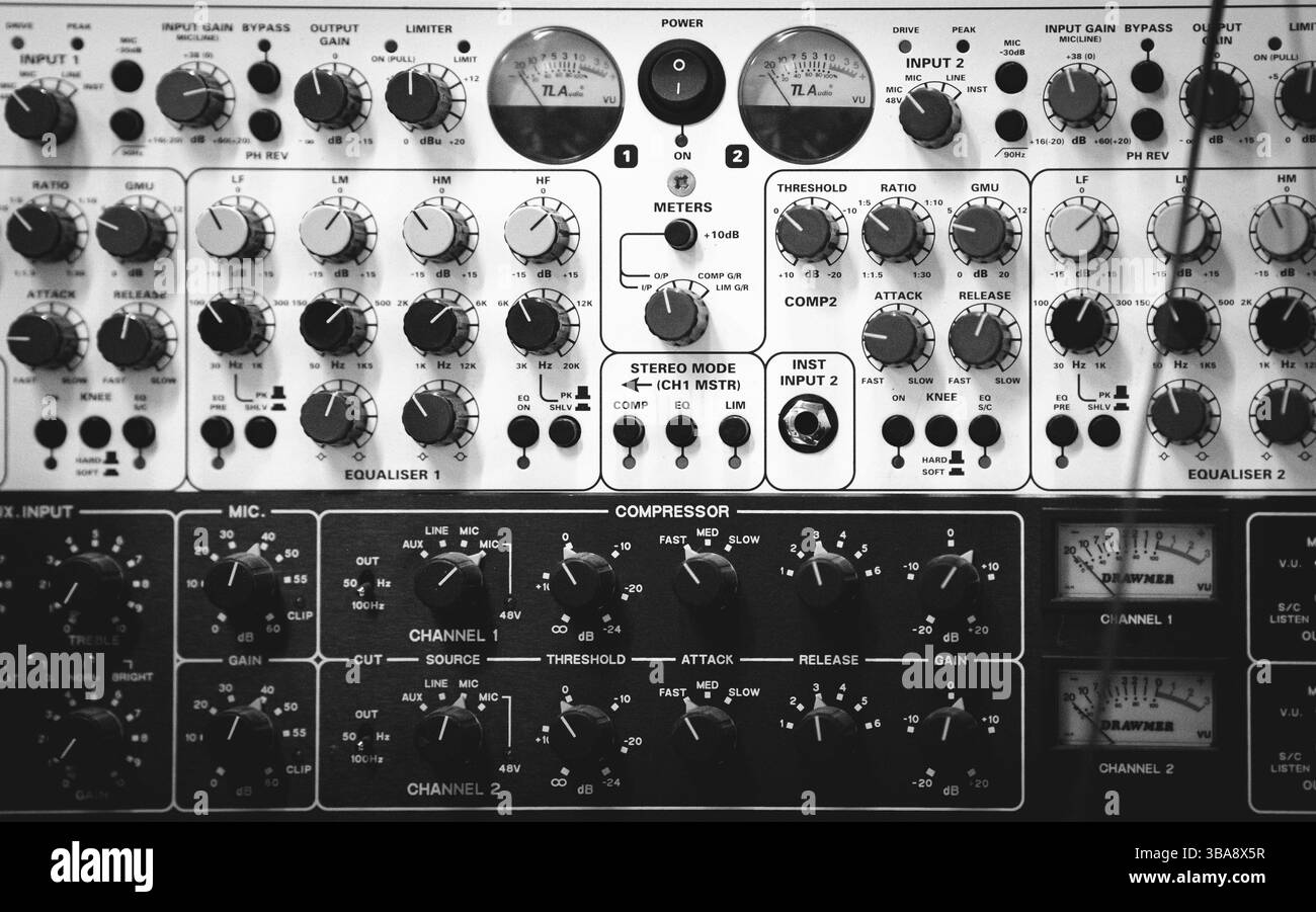 Slide mixer in black and white selective focus buttons perspective view ...