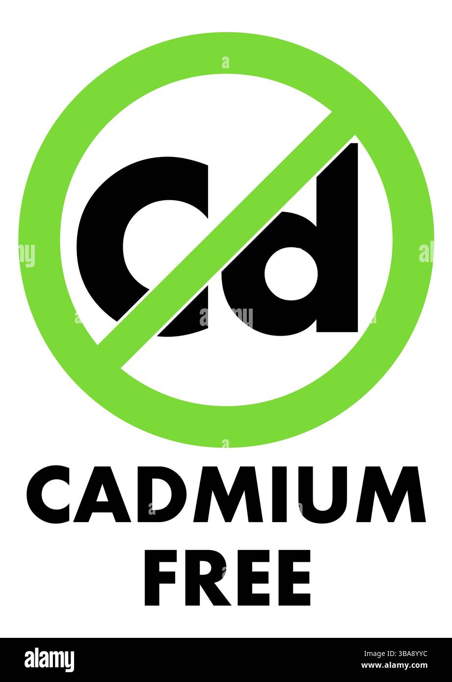 Cadmium free icon. Letters Cd (chemical symbol) in green crossed circle ...