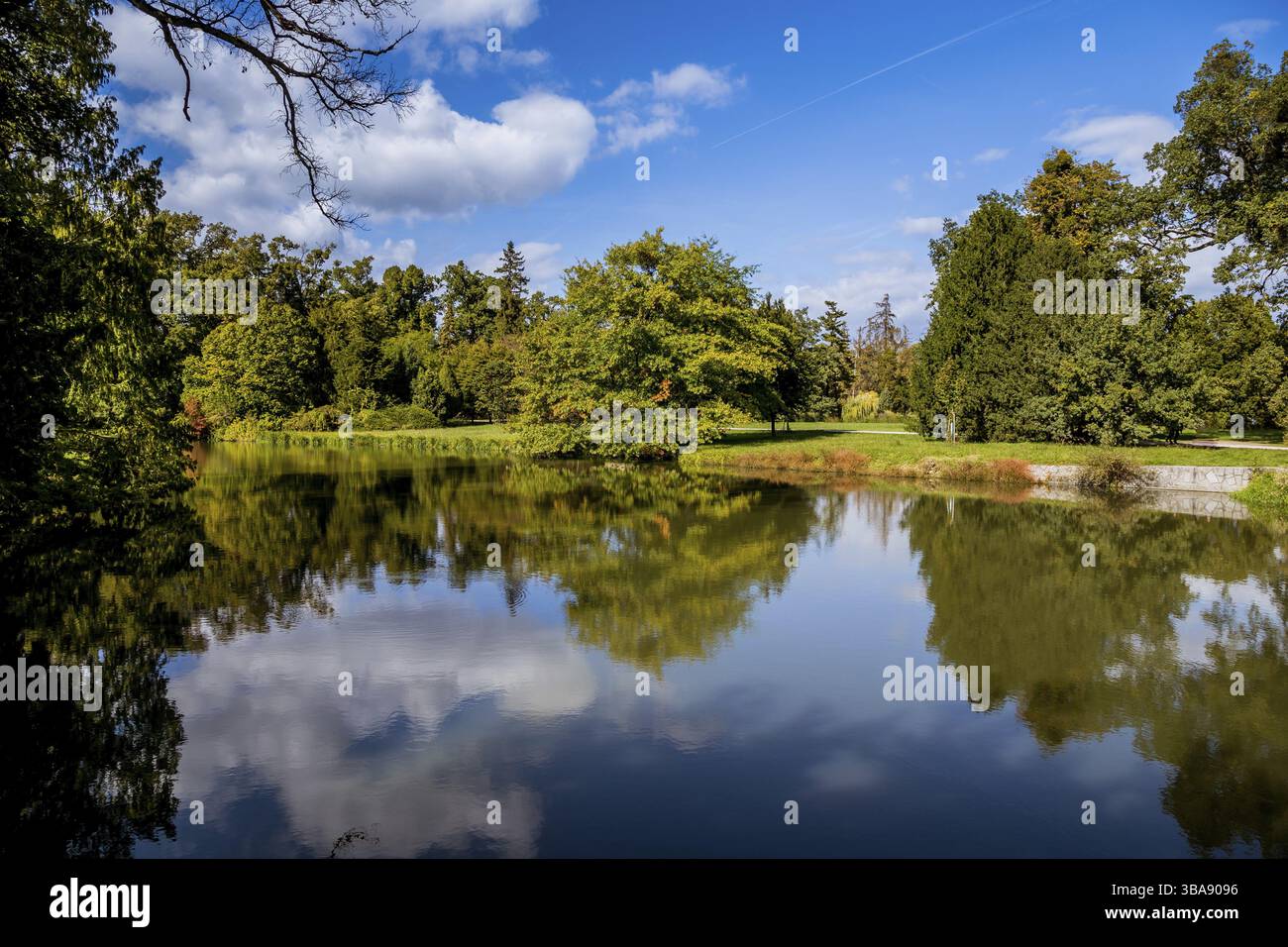 Lednice castle with monumental garden English park. Cultural landscape ...