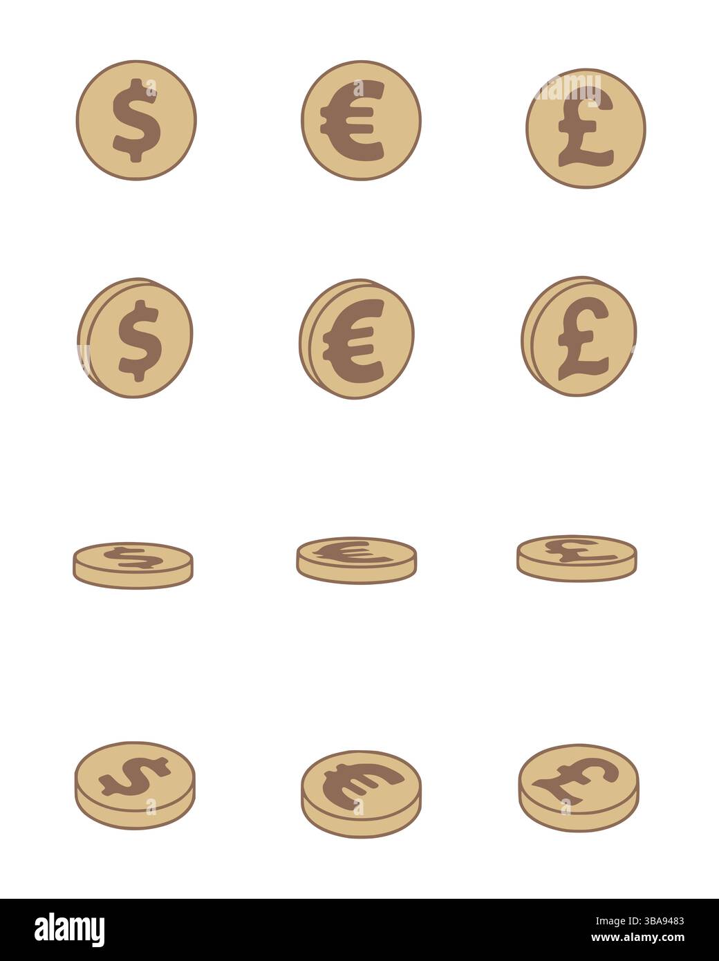 Vector set of dollar, euro and pound sterling coins in cartoon style ...