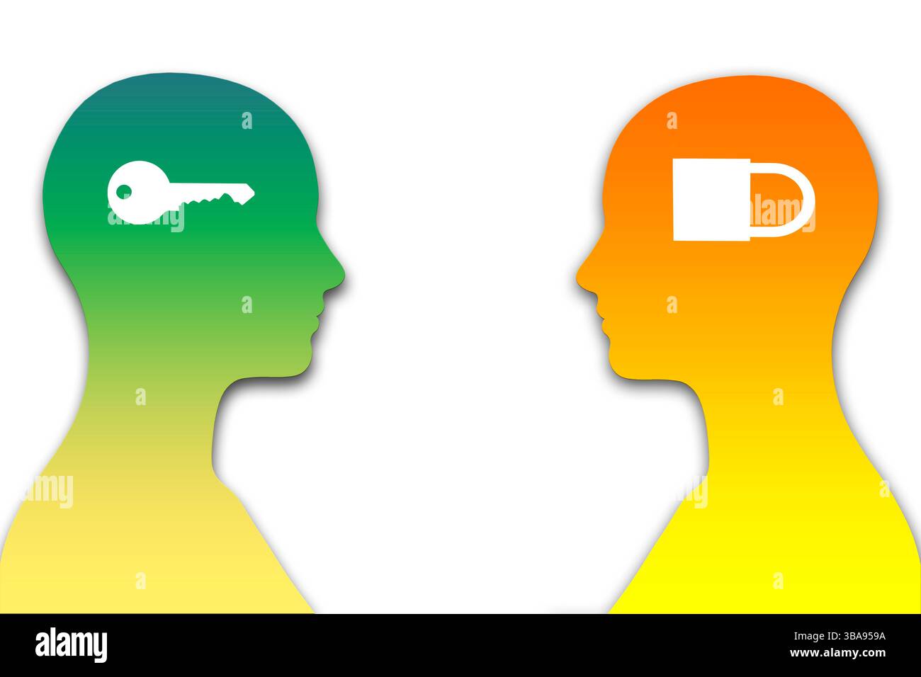 heads with lock and key, illustration of communication, understanding ...
